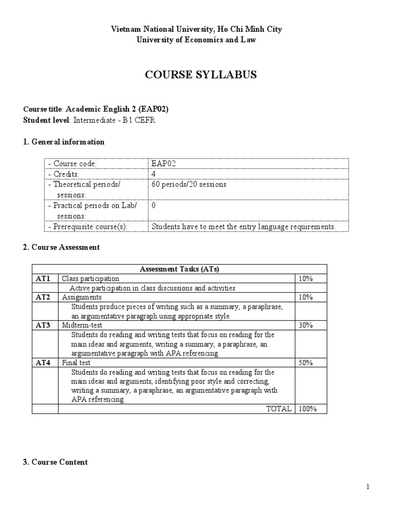 Course Syllabus:: Academic English 2 (EAP02) | PDF | Learning ...