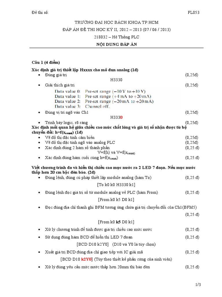 Dap An PLC Thi HK2.12.13 | PDF