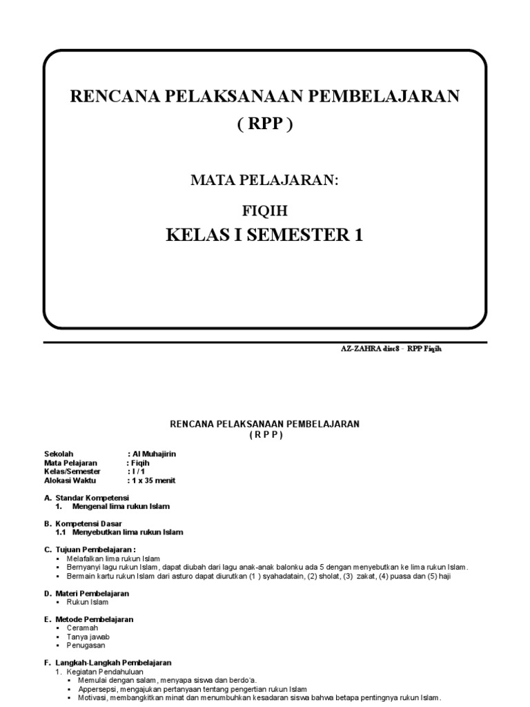 RPP Fiqih Kelas 1: Rukun Islam & Bersuci | PDF | Karier & Perkembangan | Seni & Disiplin Bahasa