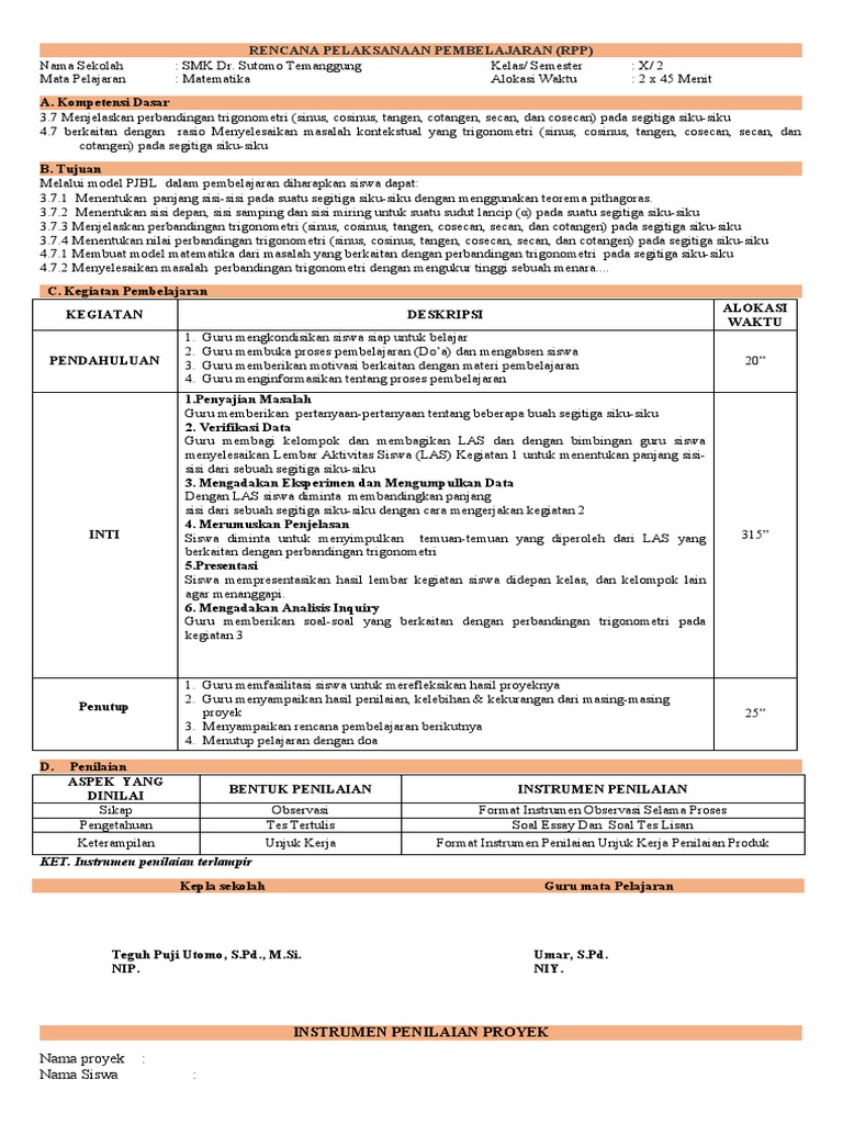 Contoh RPP PJBL 1 Lembar | PDF