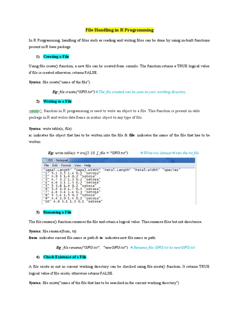 File Handling in R Programming: Eg: File - Create ("GFG - TXT") | PDF | Computer File | Filename