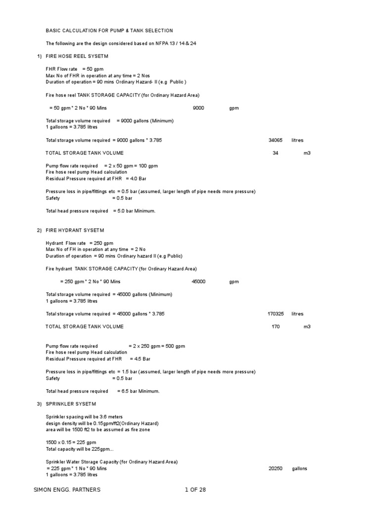 FFP Basi Calculation For Pump Amp Tank Selection Compress | PDF | Fire ...