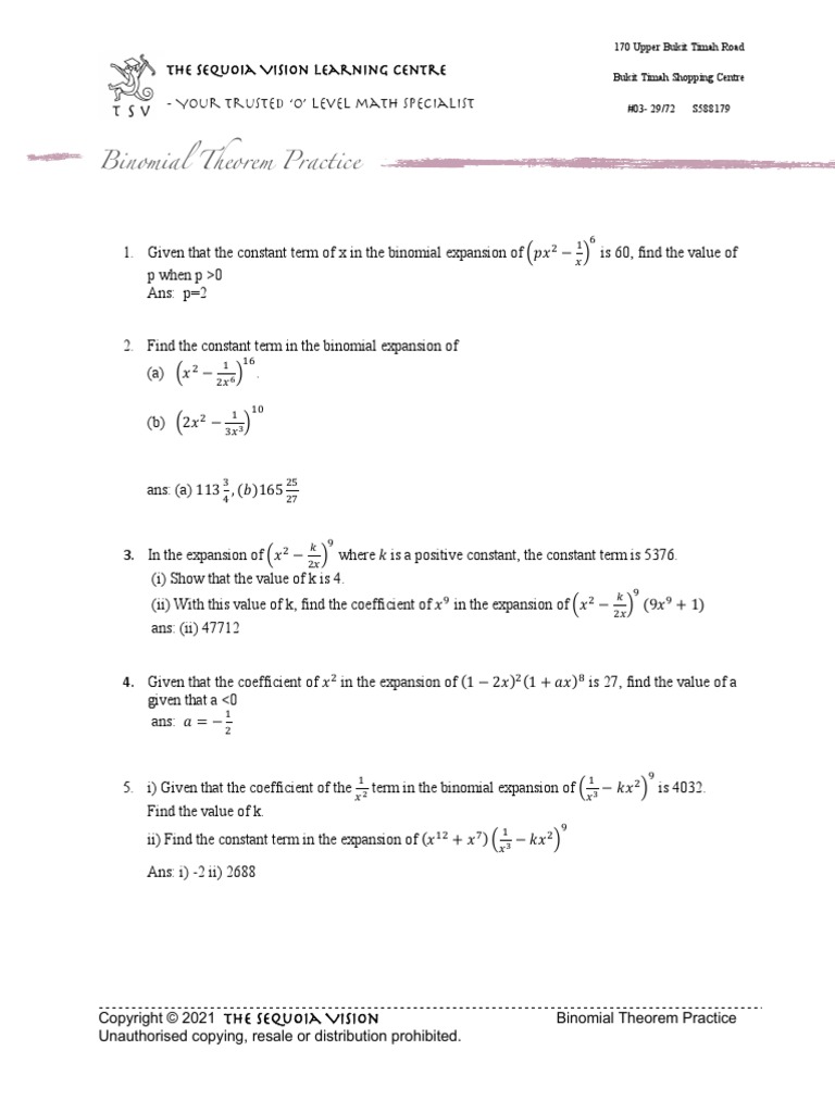 Binomial Theorem Practice Answers Included | PDF