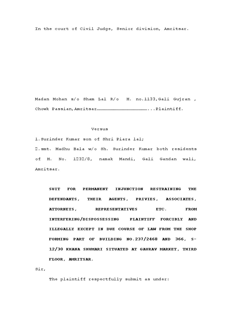 Suit For Permanent Injunction Madan Mohan | PDF | Lawsuit | Leasehold Estate