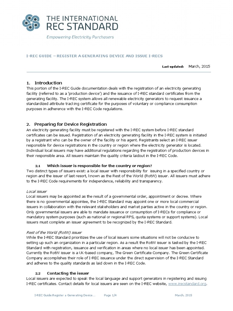 I-REC Guide: Registering Generating Devices | PDF | Verification And ...
