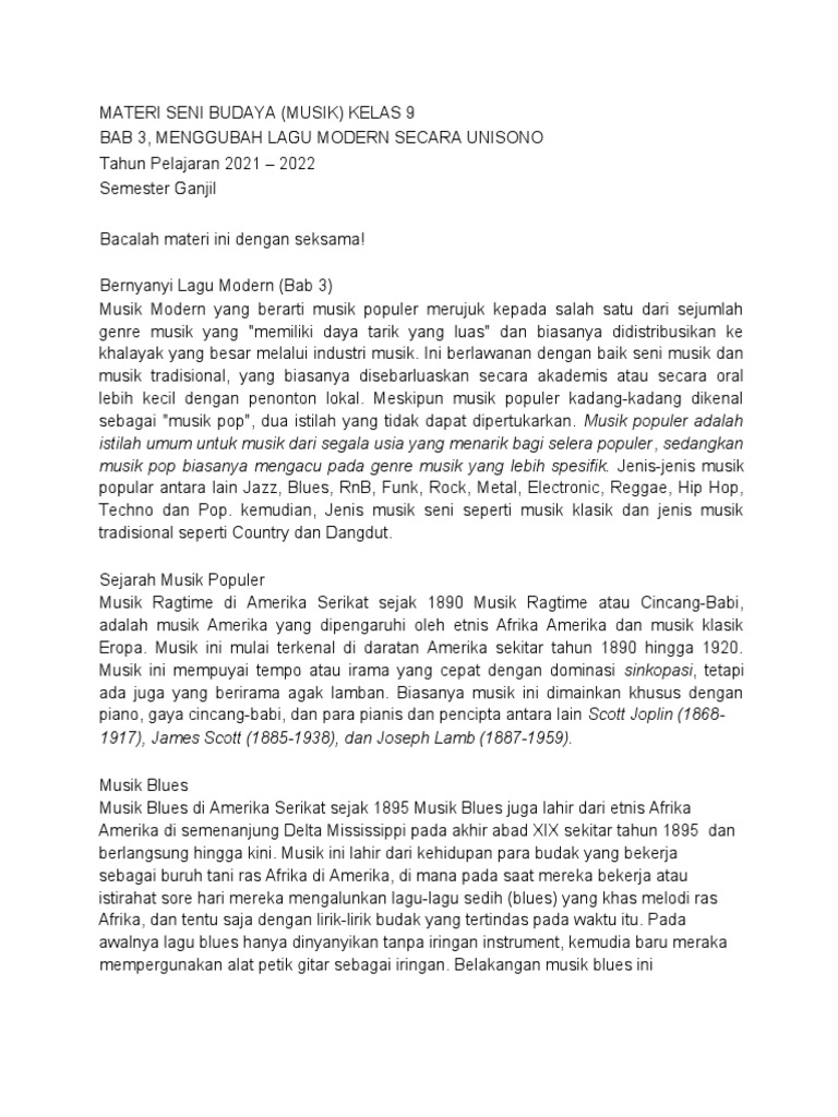 Materi Musik Kls 9 - Menggubah Lagu Modern Secara Unisono | PDF