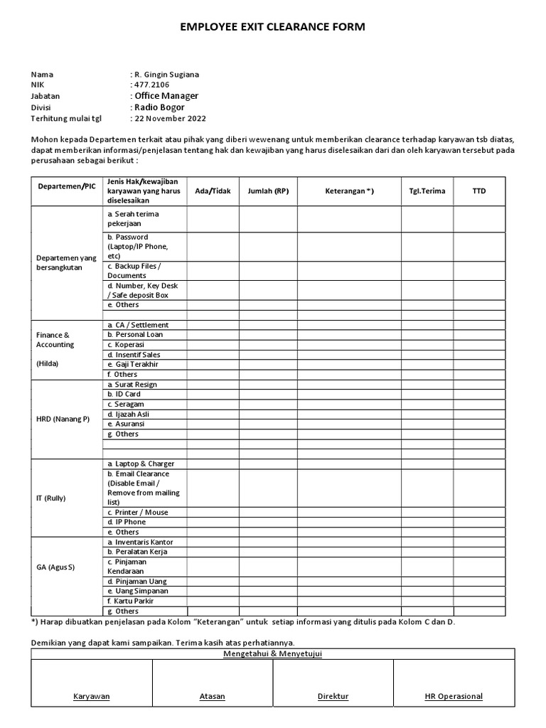 Formulir Clearance Karyawan Resign | PDF