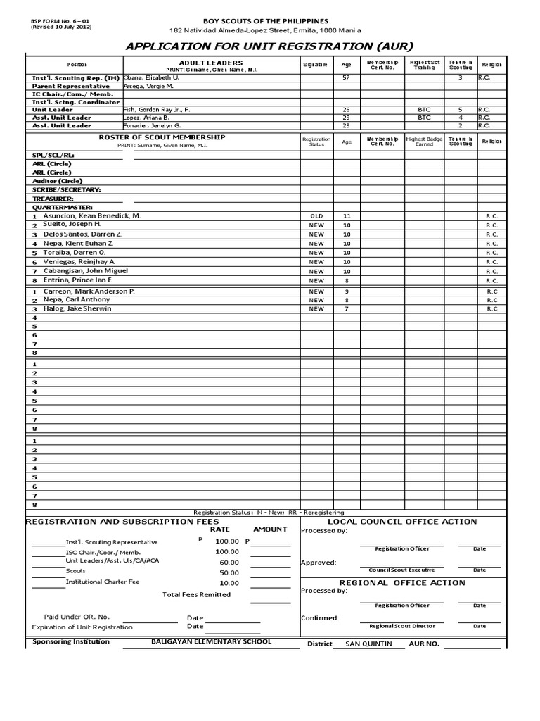 Application For Unit Registration (Aur) : Boy Scouts of The Philippines ...