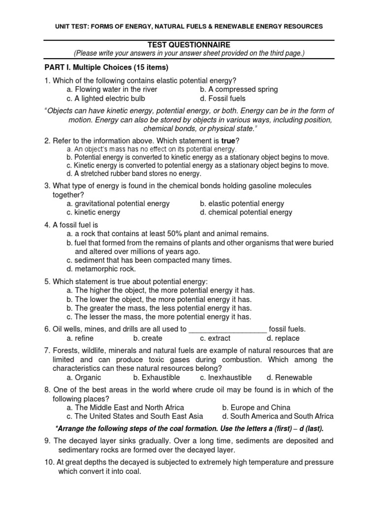 Unit Test. Forms of Energy - Natural Fuels and Renewable Energy Sources ...