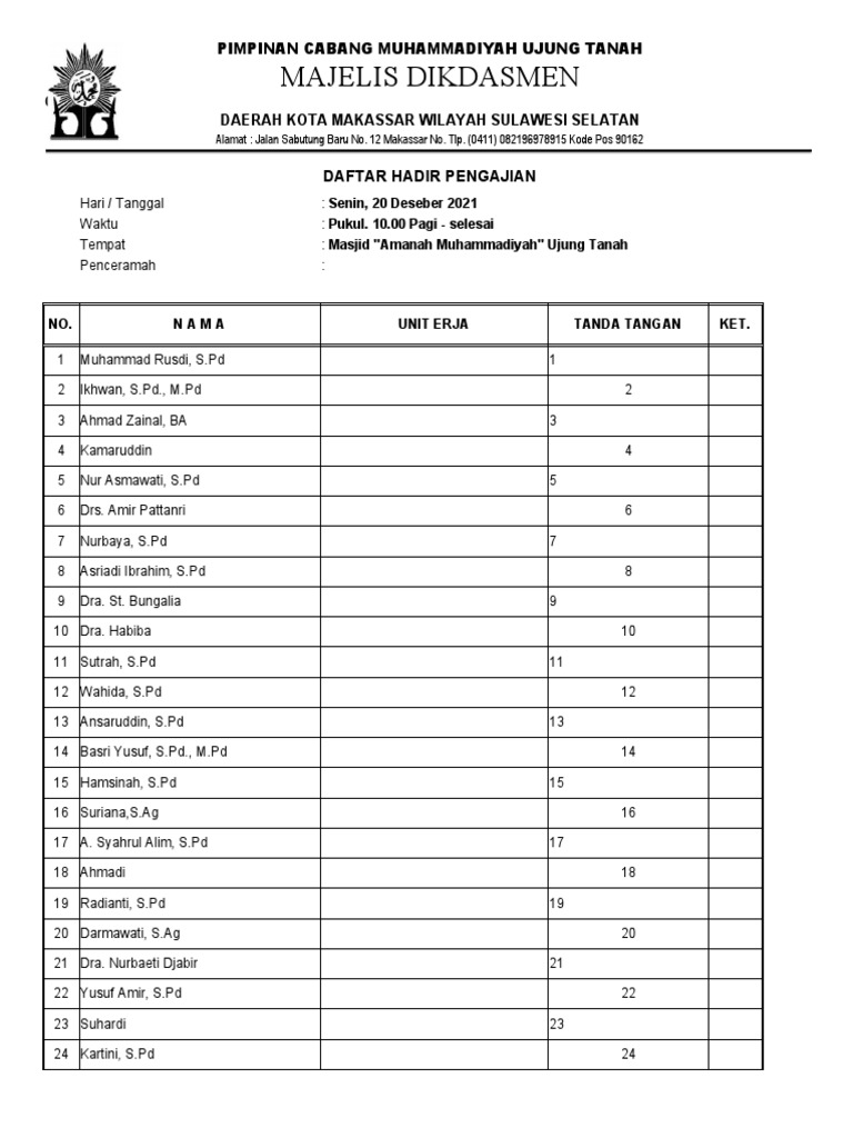 Daftar Hadir Pengajian 20-12-2021 | PDF