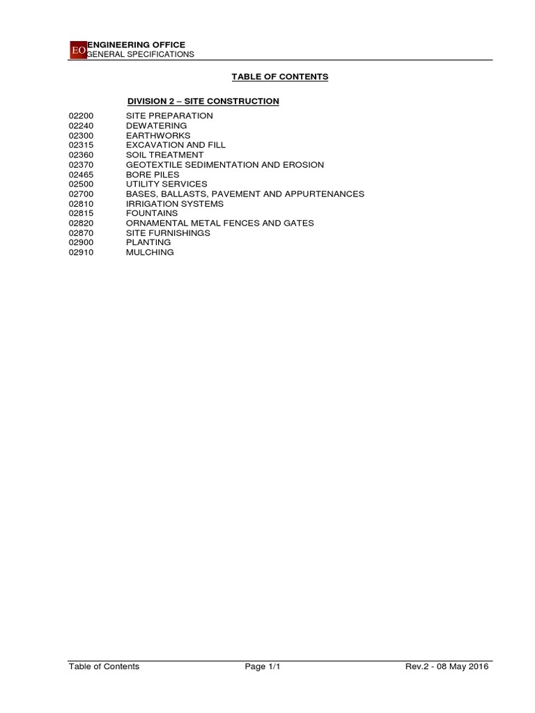 Division 2 - Site Construction - Table of Contents R2 | PDF