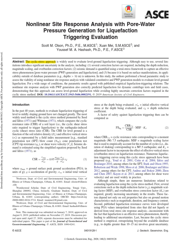 Nonlinear Site Response Analysis With Pore-Water Pressure Generation For Liquefaction Triggering ...
