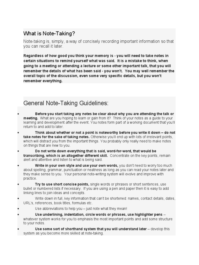 General Note-Taking Guidelines | Download Free PDF | Cognition ...