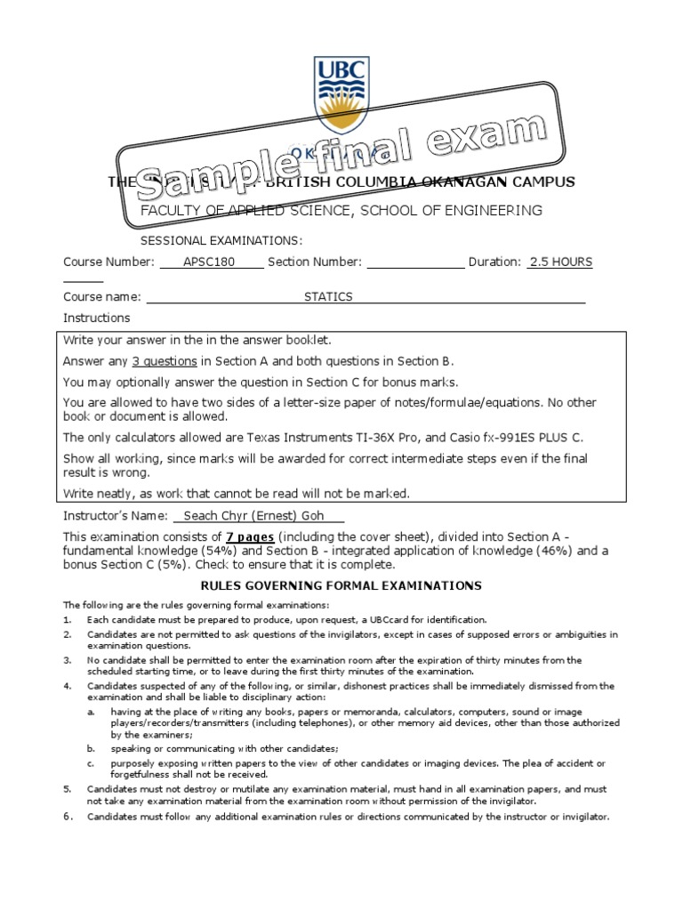 APSC 180 Sessional Exam Guidelines | PDF | Force | Cartesian Coordinate ...