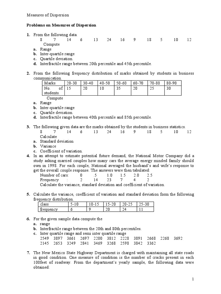 Measures of Dispersion Calculations | PDF | Standard Deviation ...