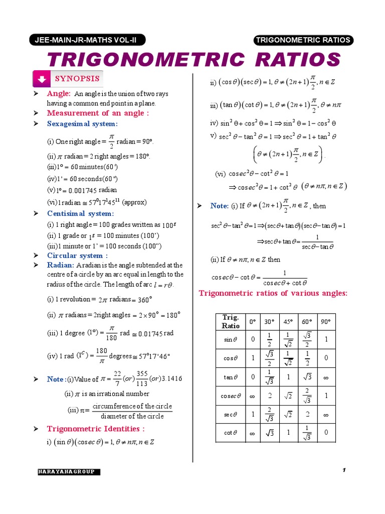 Xi - Maths - Chapter 3 - Trignometric Ratios (1-17) | PDF