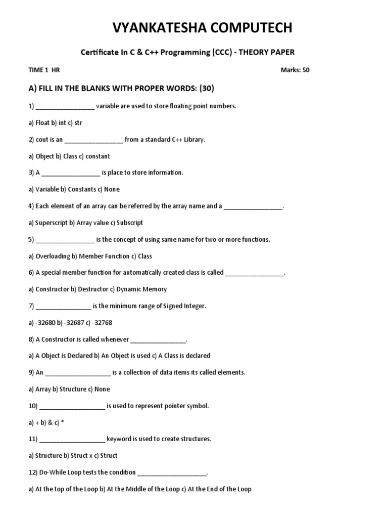 Vyankatesha Computech: Certificate in C & C++ Programming (CCC ...