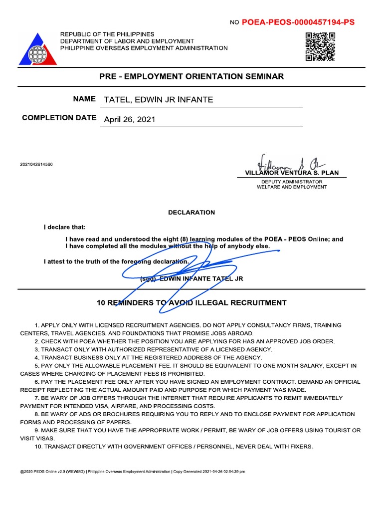 PEOS Certificate PDF
