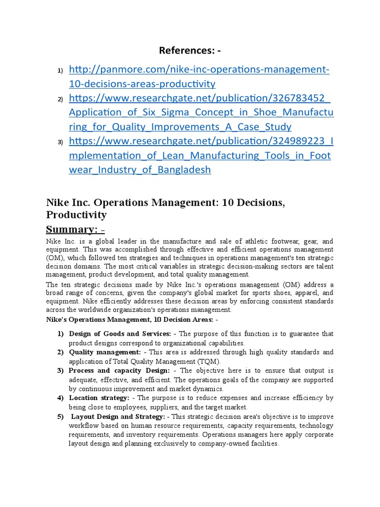References: - : Nike Inc. Operations Management: 10 Decisions ...