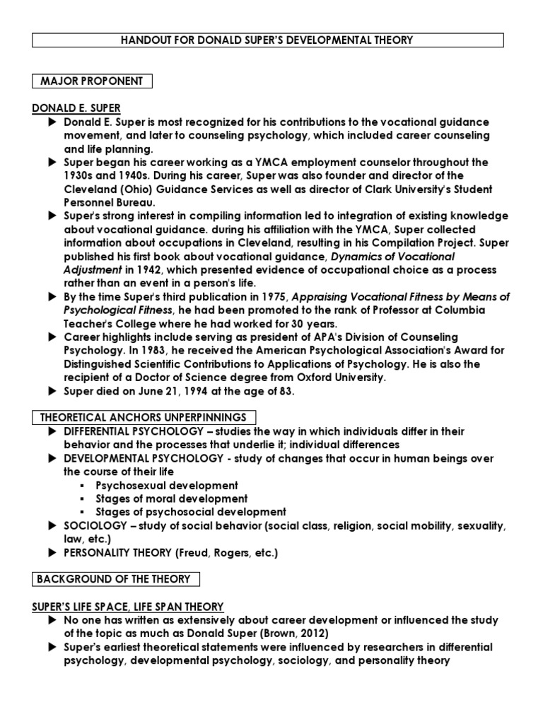 Donald Super's Career Development Theory | PDF | Self Concept | Psychology