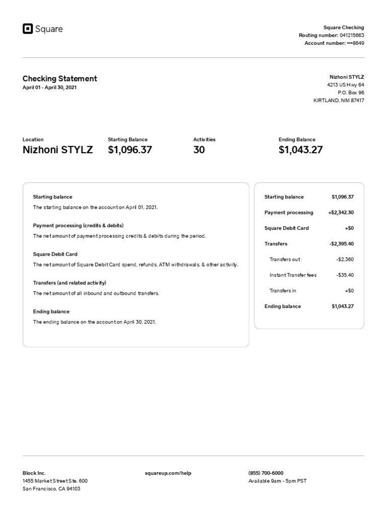 Square Checking Statement Activity | PDF | Debit Card | Payments