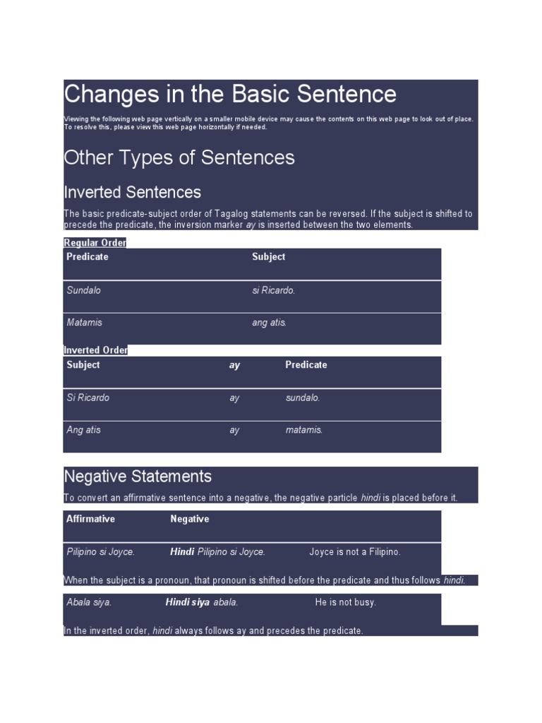 Tagalog Sentence Structures Guide | PDF | Question | Subject (Grammar)
