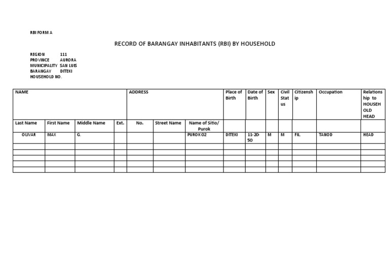 Record of Barangay Inhabitants (Rbi) by Household | PDF