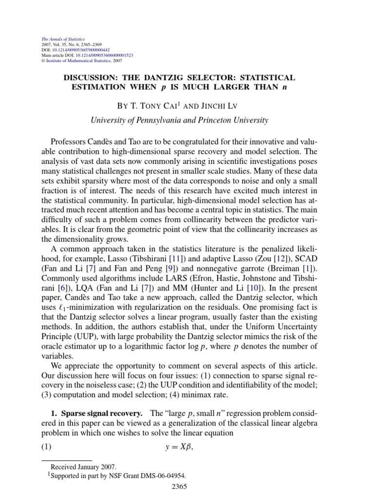 Discussion: The Dantzig Selector: Statistical Estimation When | PDF ...