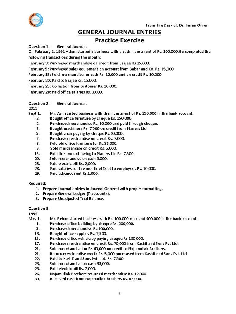General Journal Practice Questions | PDF | Cheque | Banks
