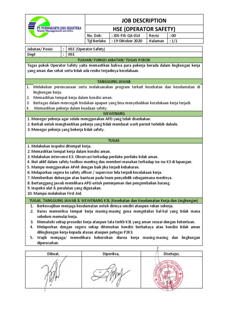 Rev Jds-Pjs-Qa-014 Job Desk Hse Operator Safety | PDF