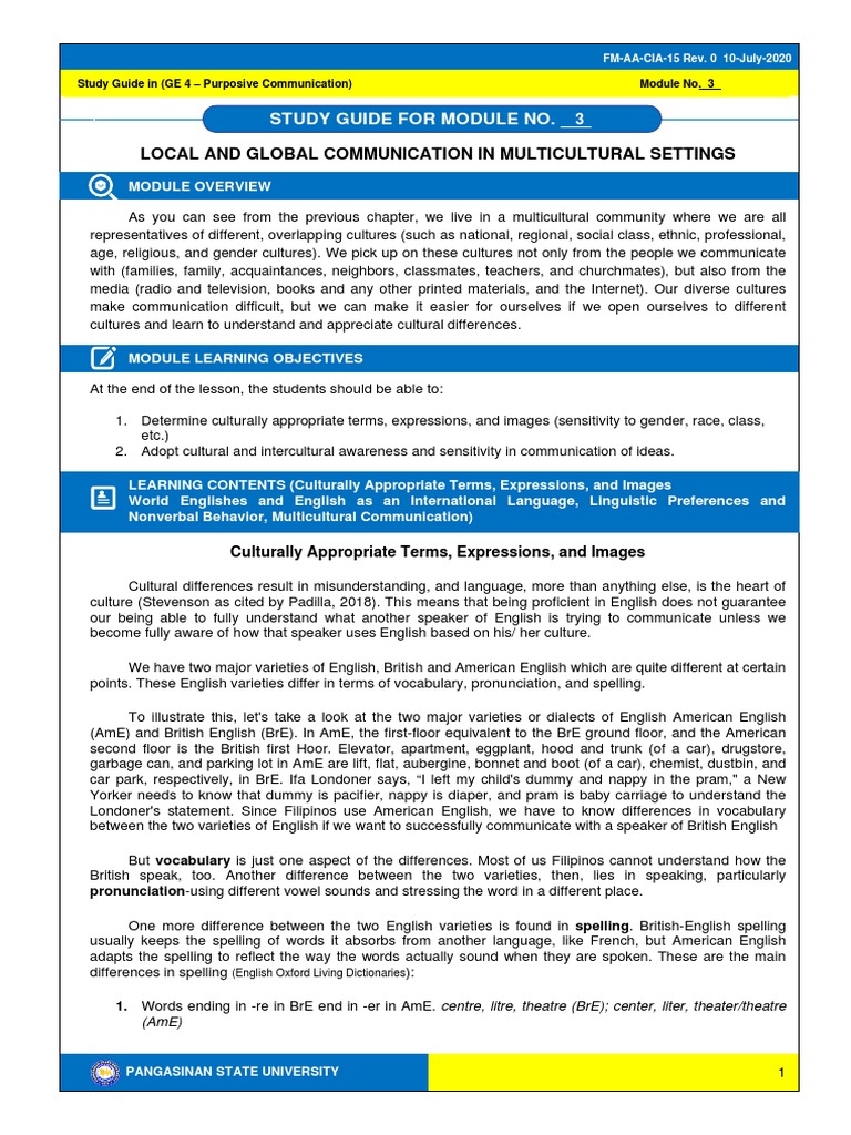 Local and Global Communication in Multicultural Settings: Study Guide For Module No. | PDF ...