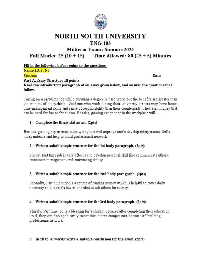 North South University: ENG 103 Midterm Exam: Summer2021 Full Marks: 25 ...