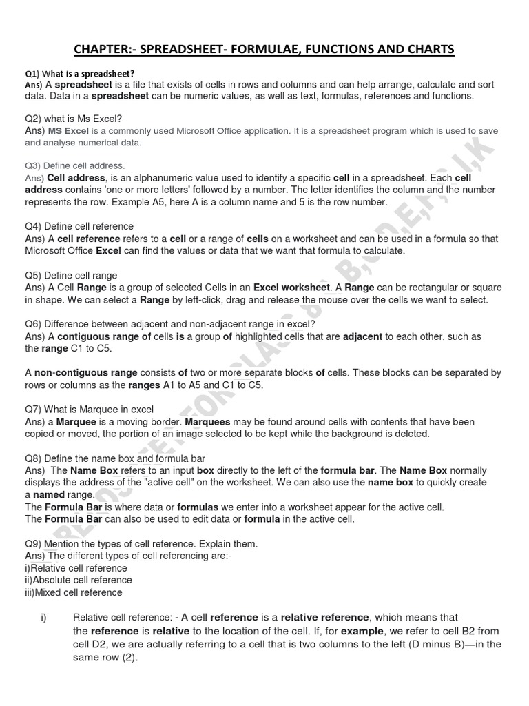 Chapter:-Spreadsheet - Formulae, Functions and Charts: Q1) What Is A ...