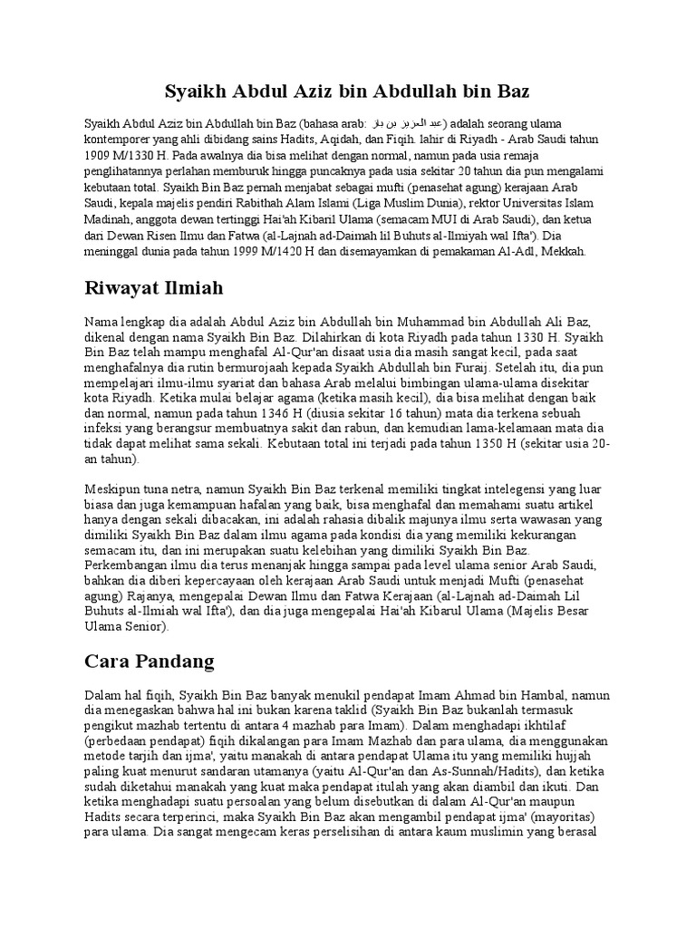 Syaikh Abdul Aziz Bin Abdullah Bin Baz | PDF