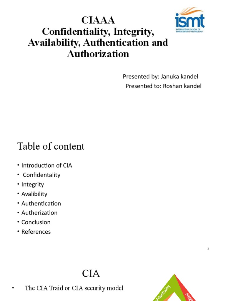Ciaaa Confidentiality, Integrity, Availability, Authentication and ...