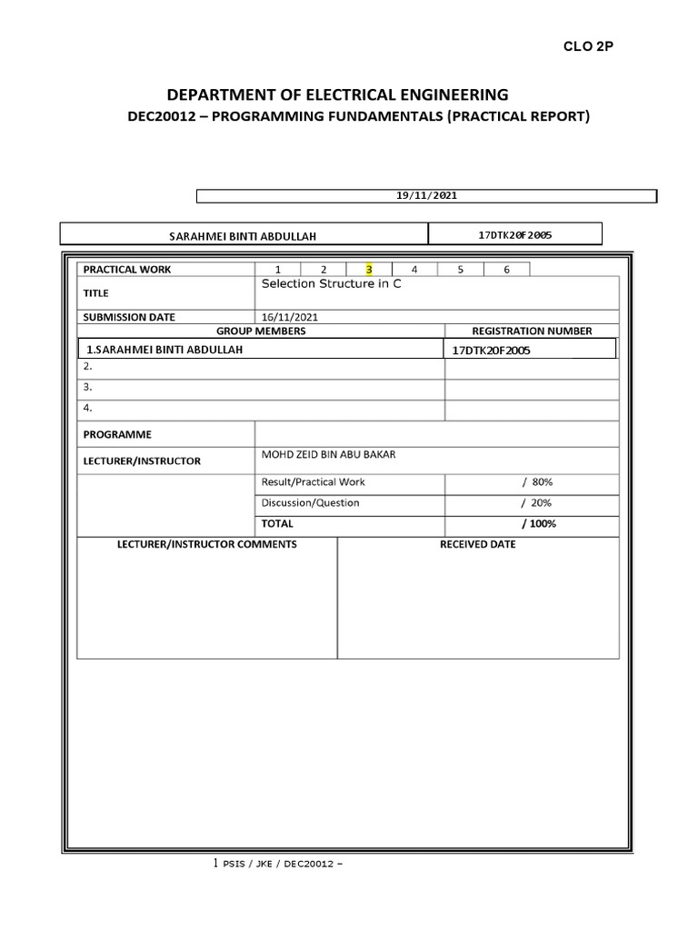 SARAHMEI BINTI ABDULLAH - 17DTK20F2005 - Practical Work 3ii | PDF | Control Flow | Computer ...