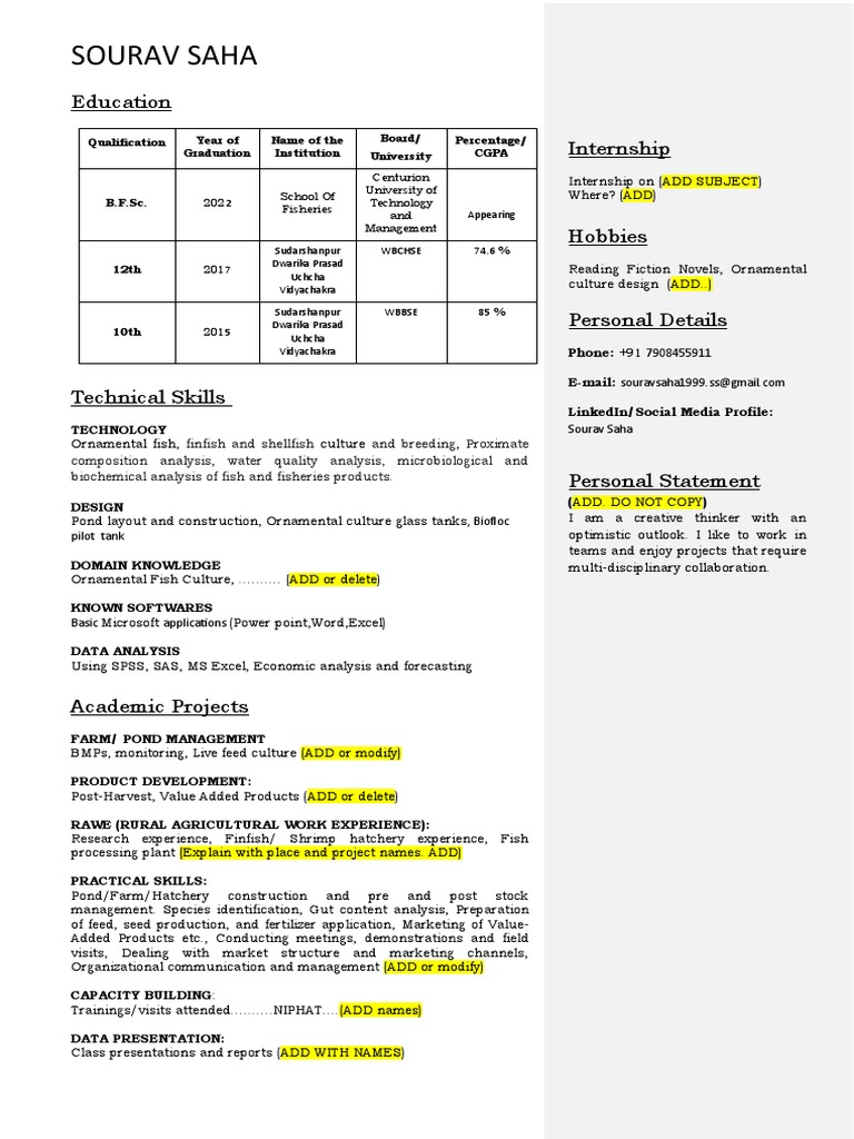 B.F.Sc. SoF CV Template | PDF