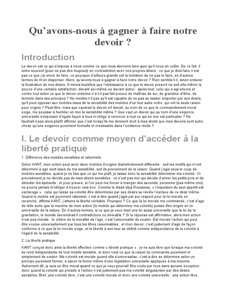 Le Devoir : Liberté et Moralité | PDF | Moralité | Emmanuel Kant