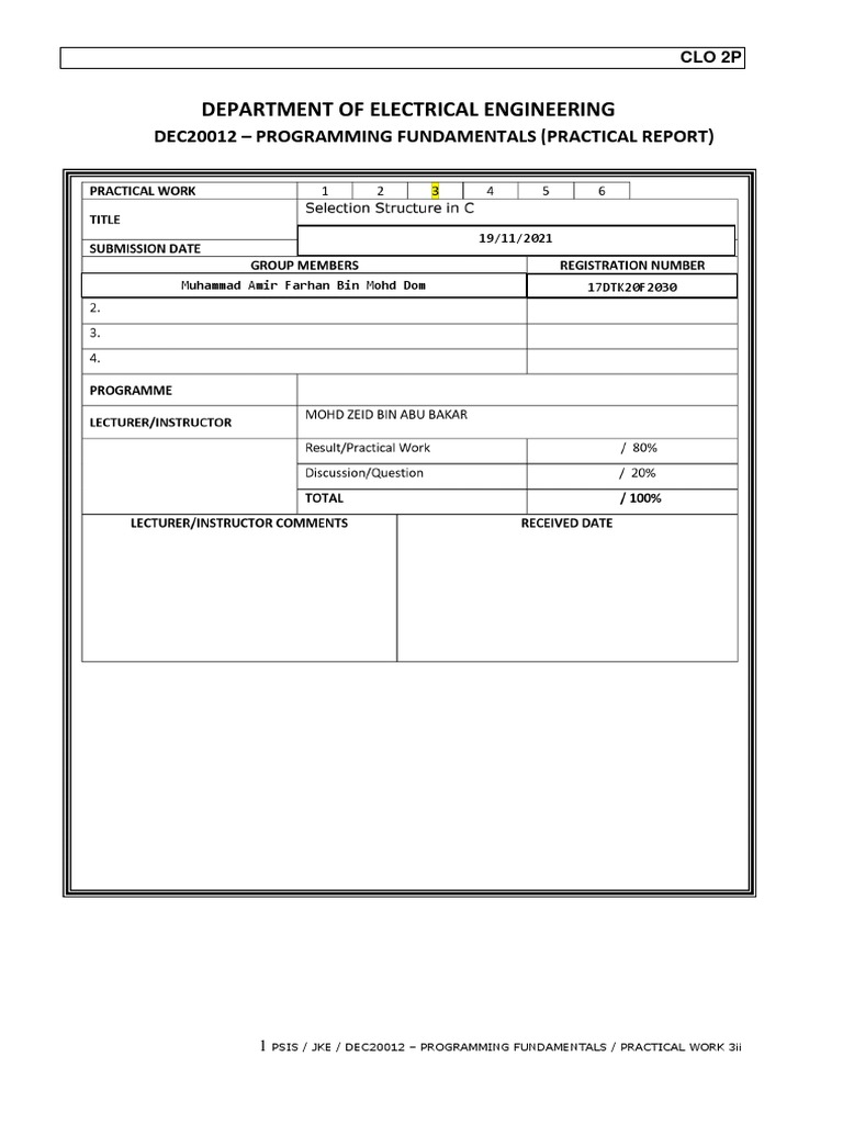 MUHAMMAD AMIR FARHAN BIN MOHD DOM - 17DTK20F2030 - Practical Work 3ii | PDF | Control Flow ...