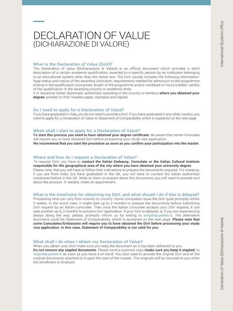 Declaration of Value: (Dichiarazione Di Valore) | PDF | Academic Degree ...