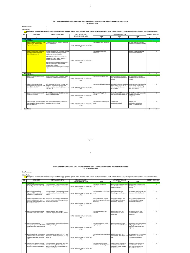 Daftar Pertanyaan Penilaian CHSEMS PT PGAS Solution | PDF