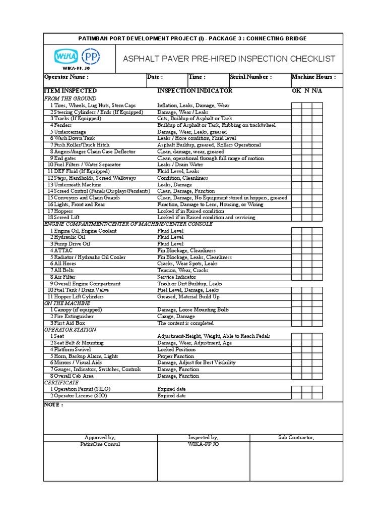 Asphalt Paver Inspection Form (Pre-Hired & Pre-Used) | PDF | Engines ...