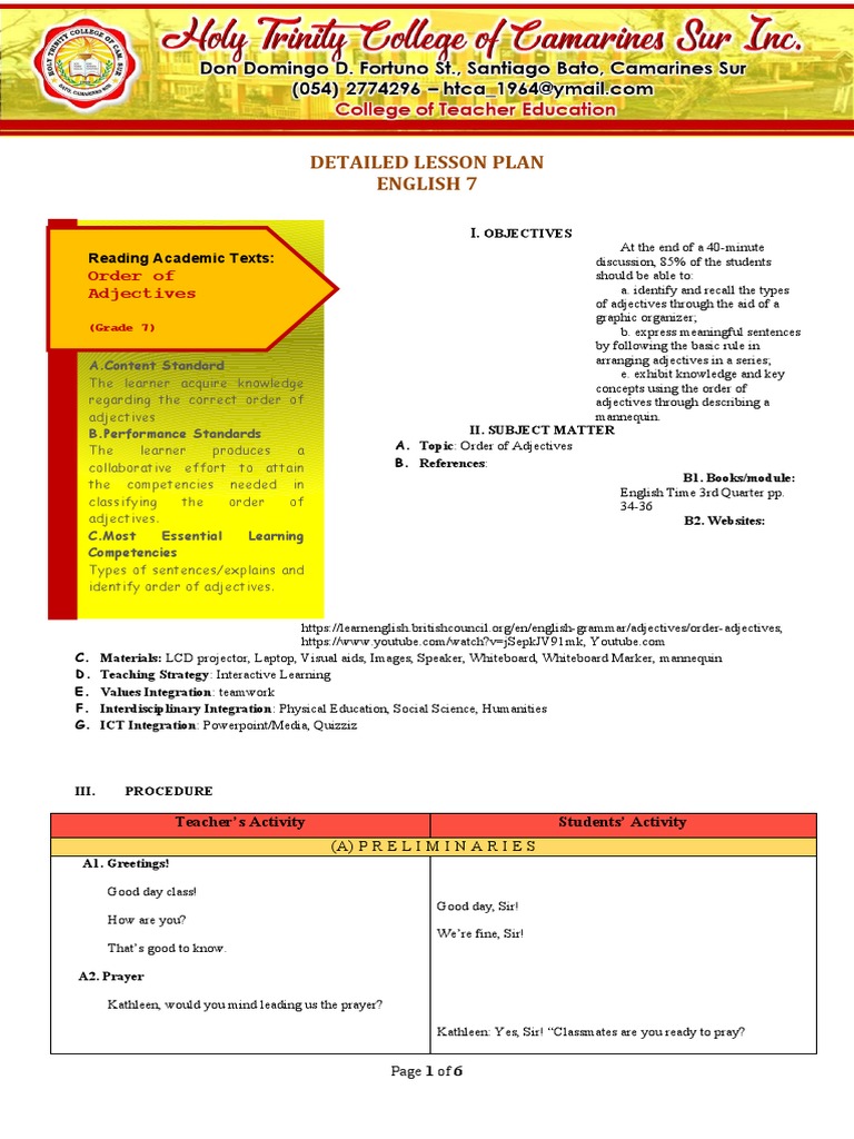 Detailed Lesson Plan English 7: Order of Adjectives | PDF | Noun ...