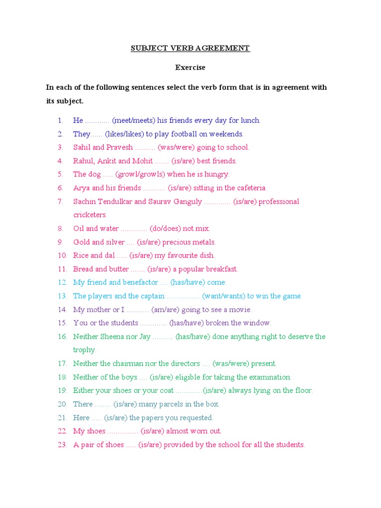 Subject Verb Agreement Exercise in Each of The Following Sentences ...