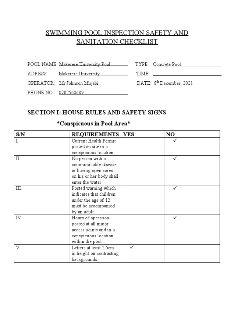Swimming Pool Inspection Safety and Sanitation Checklist | PDF | Water ...