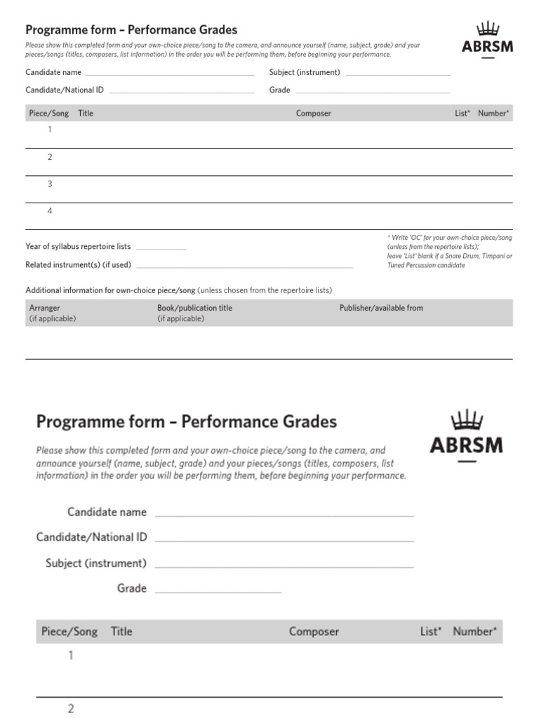 ABRSM Performance Grades Programme Form | PDF | Performing Arts | Music ...