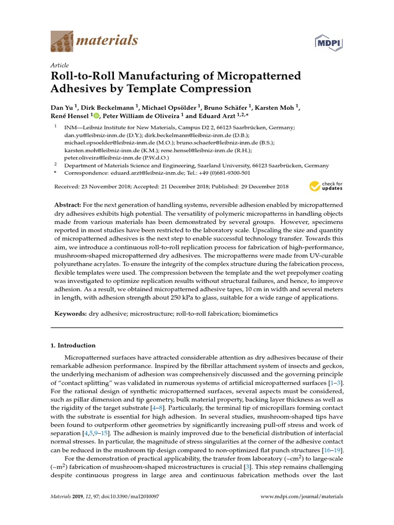 Materials: Roll-to-Roll Manufacturing of Micropatterned Adhesives by Template Compression ...
