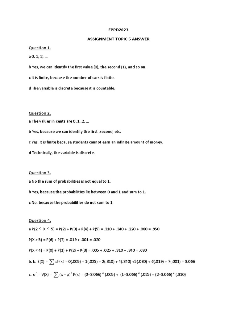 Assignment Topic 5 Answer | PDF | Teaching Mathematics | Probability