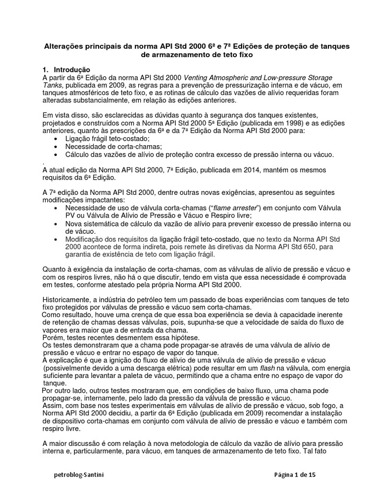 Alterações Principais Norma API STD 2000 6 e 7 Edição em Tanques de ...