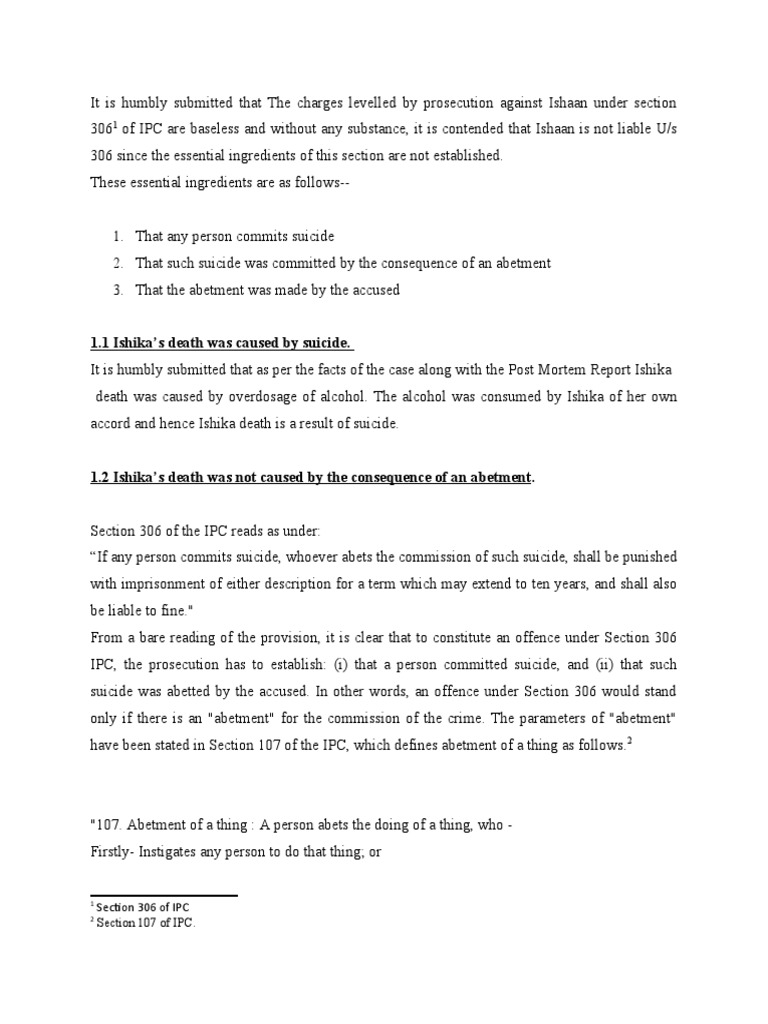 1.1 Ishika's Death Was Caused by Suicide.: Section 306 of IPC Section ...